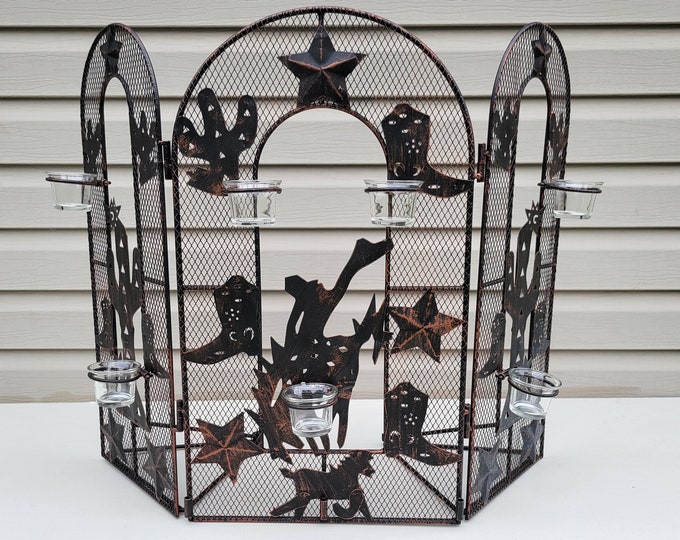 Metal Western Themed Fireplace Screen W/ Votive Holders - Three Panels ...