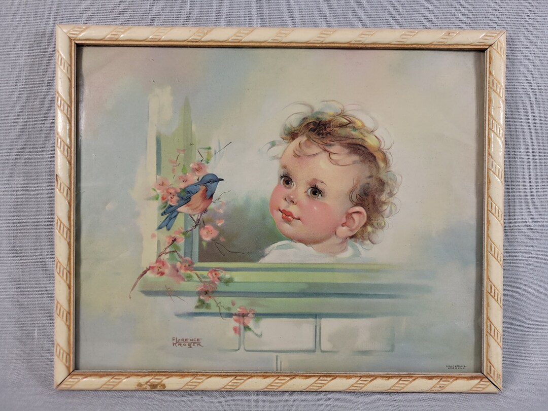 Florence Kroger Lithograph – 1944 Baby & Bluebird Print, MCM Framed Art ...