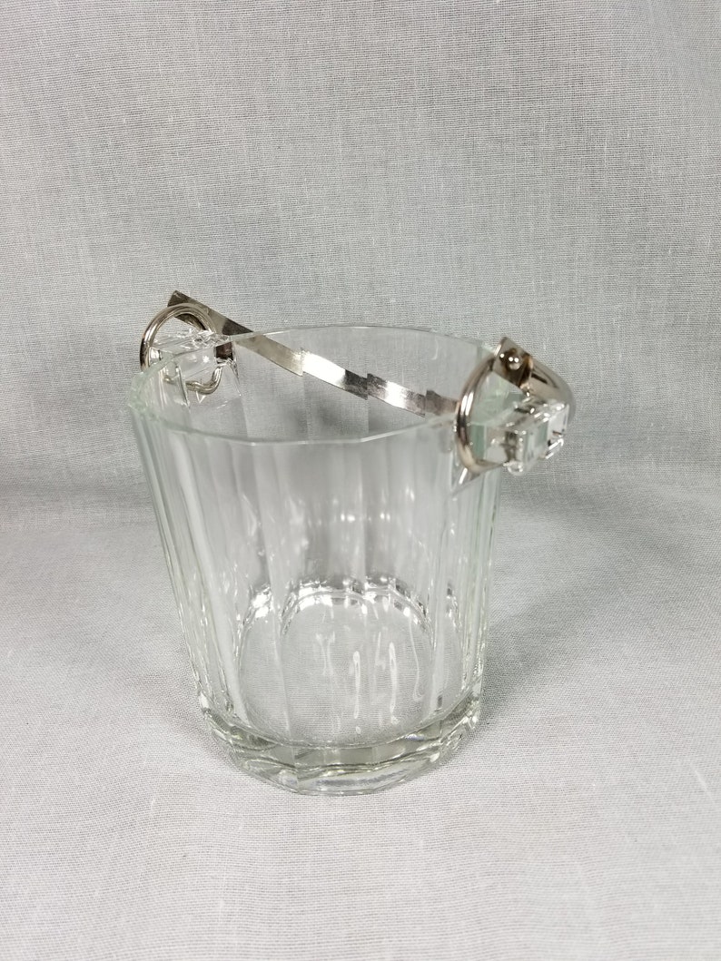 Clear Glass Ice Bucket W Silver Plate Handle Ribbed Glass Etsy