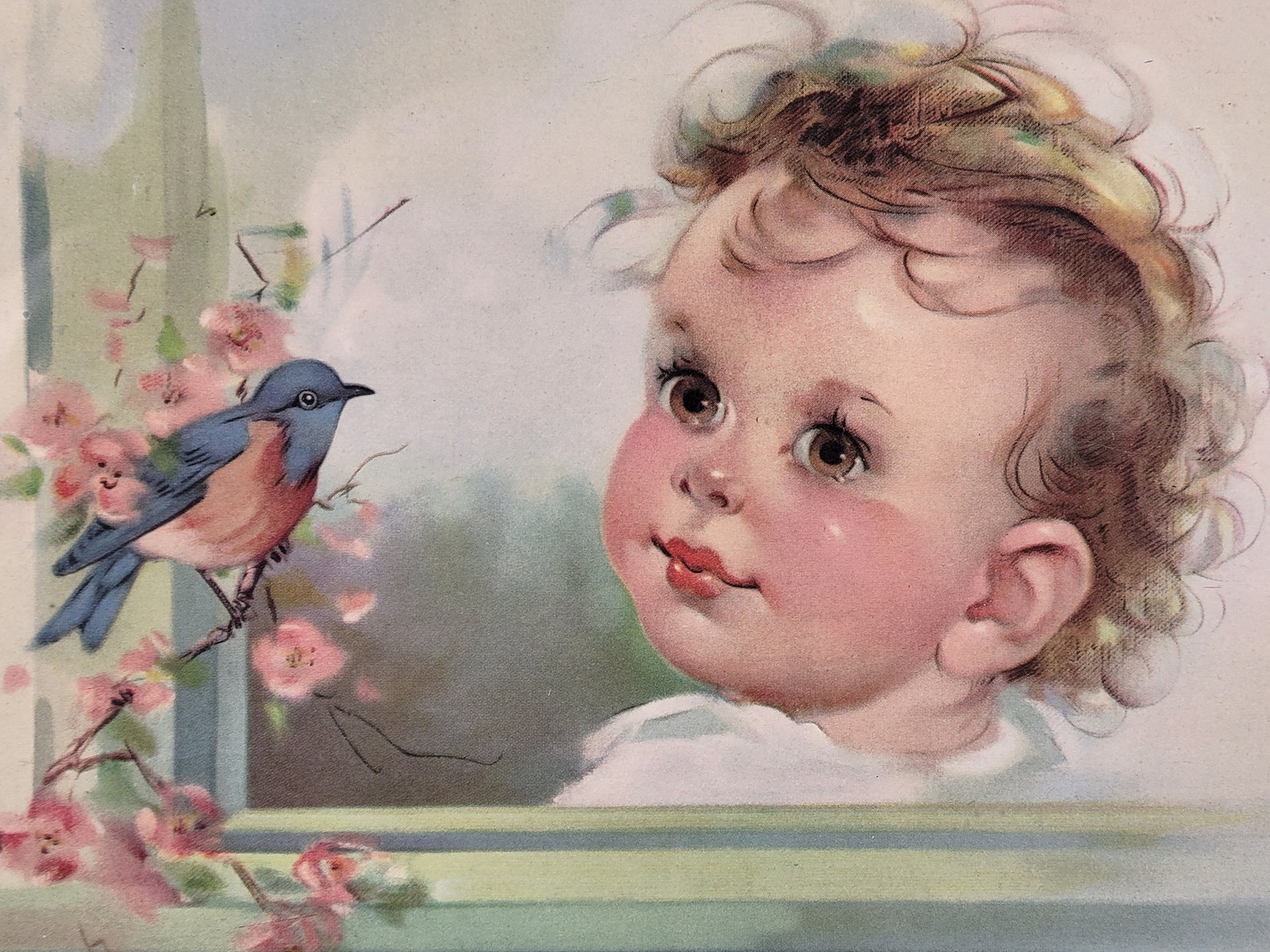 Florence Kroger Lithograph – 1944 Baby & Bluebird Print, MCM Framed Art ...