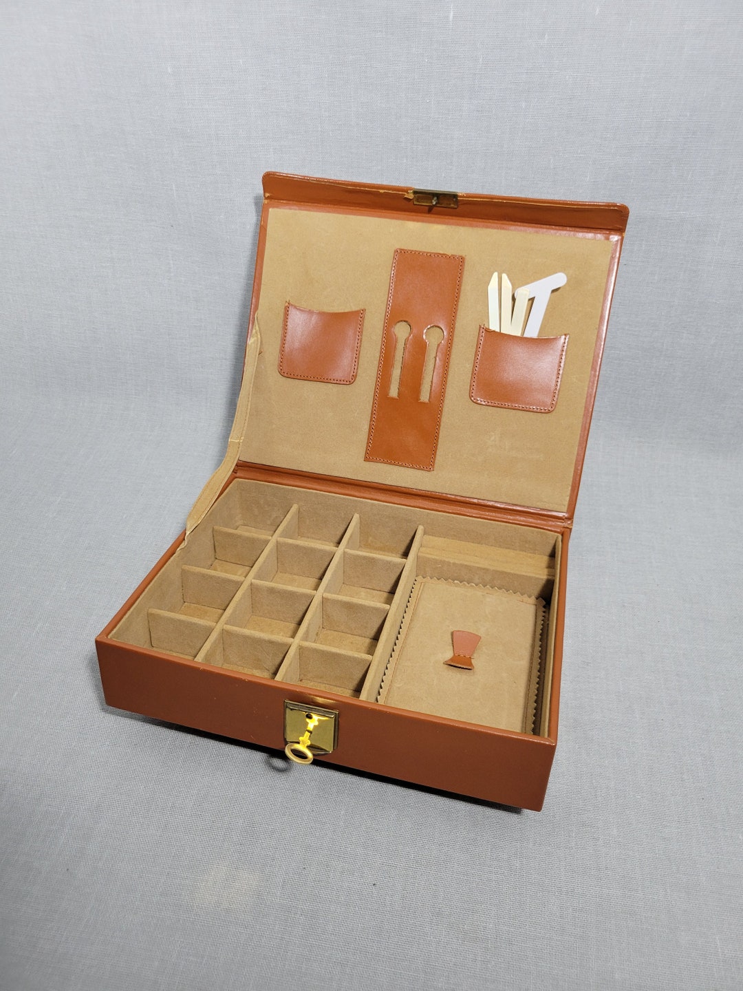 Mens Travel Jewelry Box Case Valet W/ Key 1970s - Brown Faux Leather ...