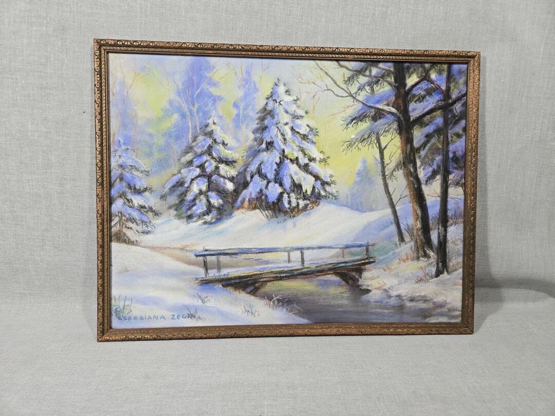 Original Pastel Winter Scene Landscape - Signed Painting in Cleaned ...