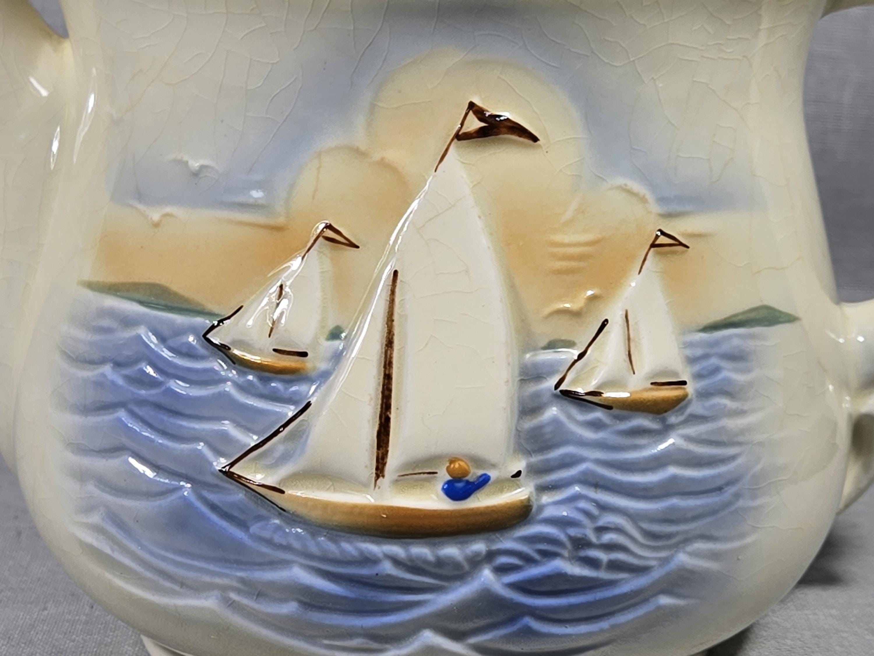 Porcelier Sailboat Teapot - Vitreous Hand Decorated China - Nautical ...