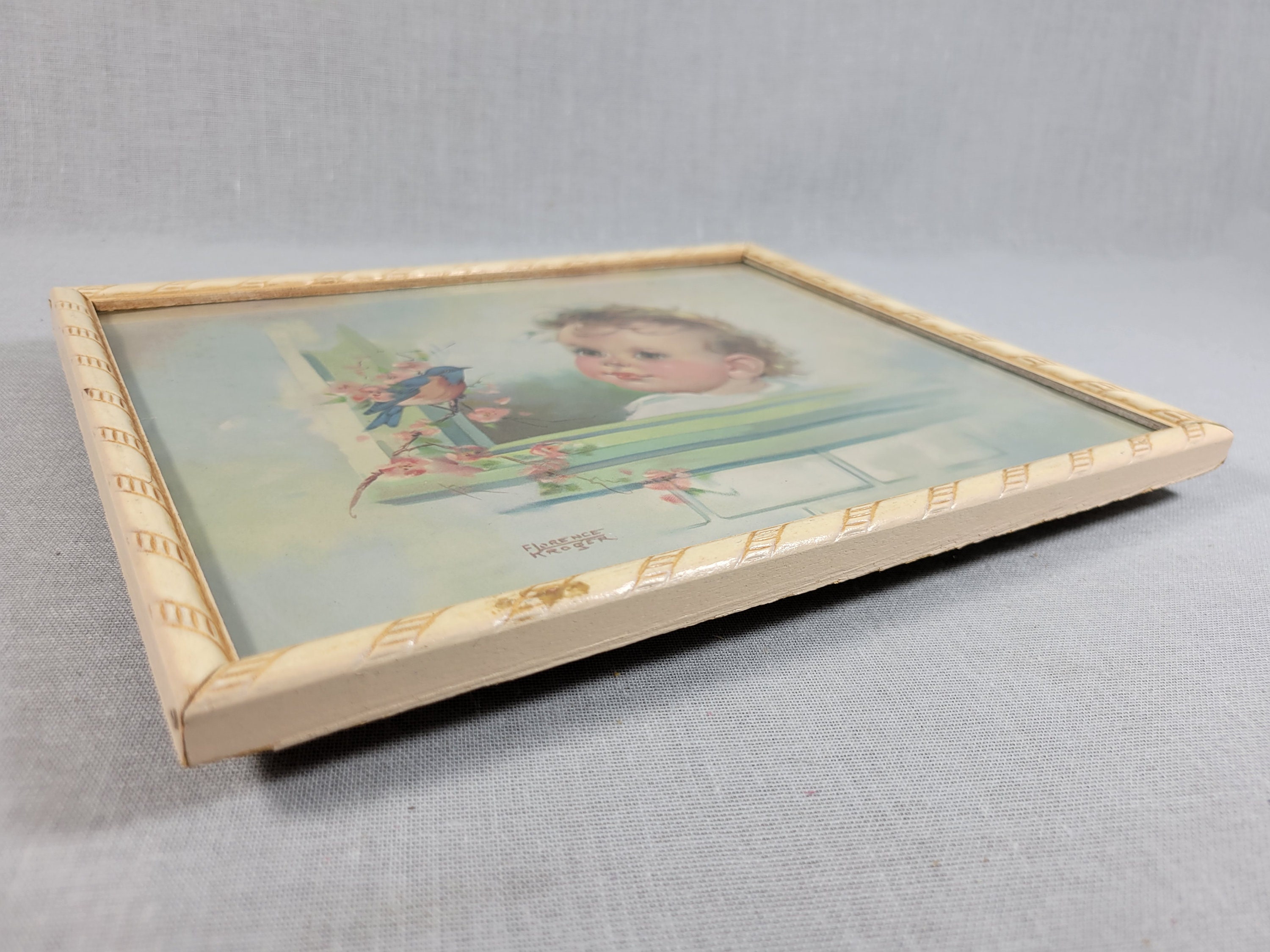 Florence Kroger Lithograph – 1944 Baby & Bluebird Print, MCM Framed Art ...