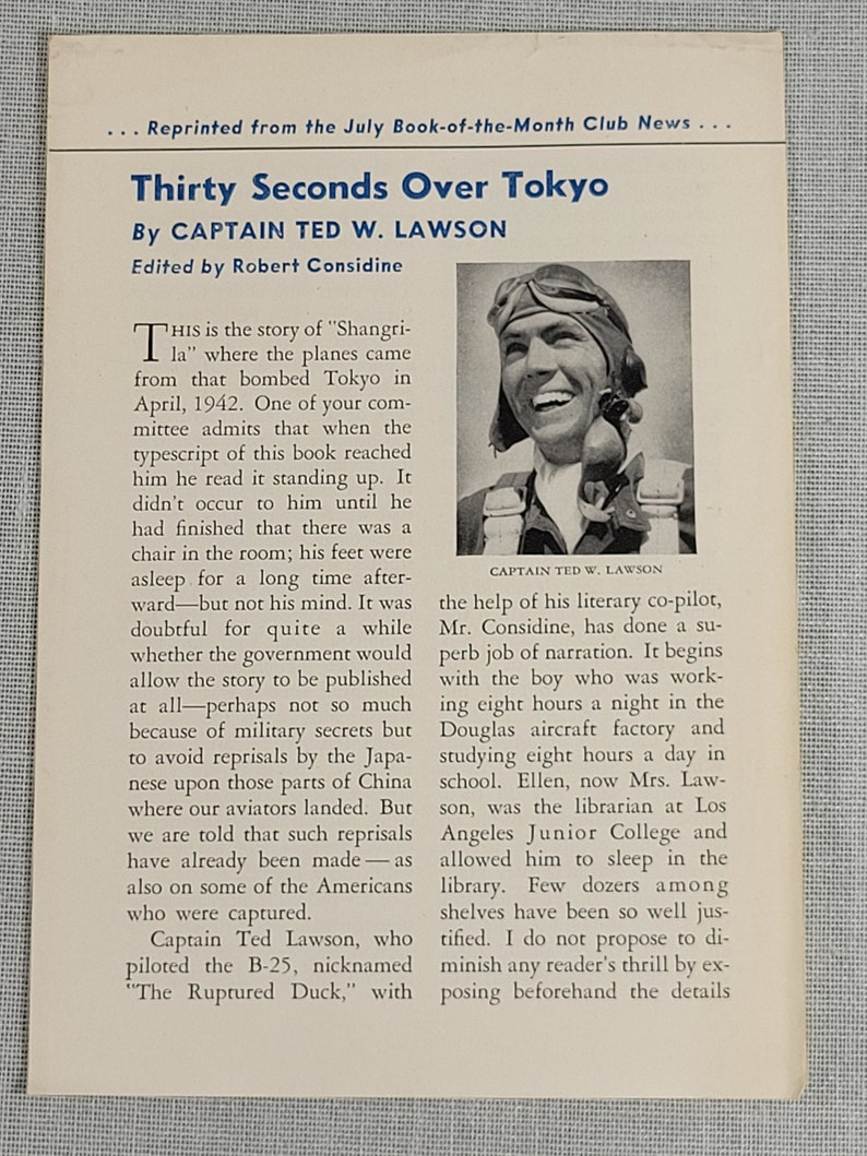 Thirty Seconds Over Tokyo by Captain Ted W. Lawson 1943 - Etsy