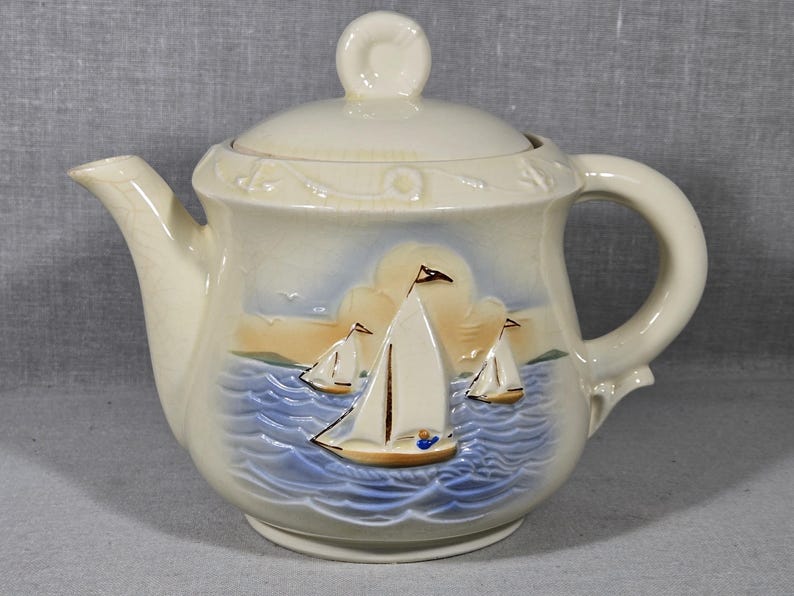 Porcelier Sailboat Teapot - Vitreous Hand Decorated China - Nautical ...