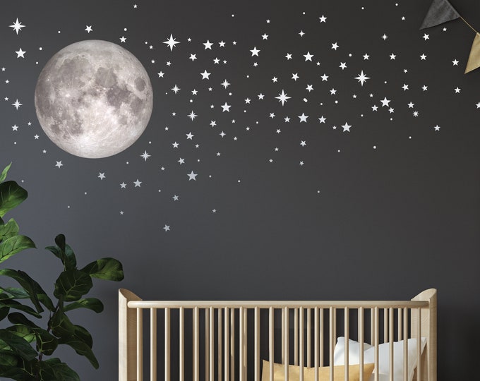 Hand-drawn Moon & Stars Mural, Small/medium Vinyl Wall Art Decal for ...