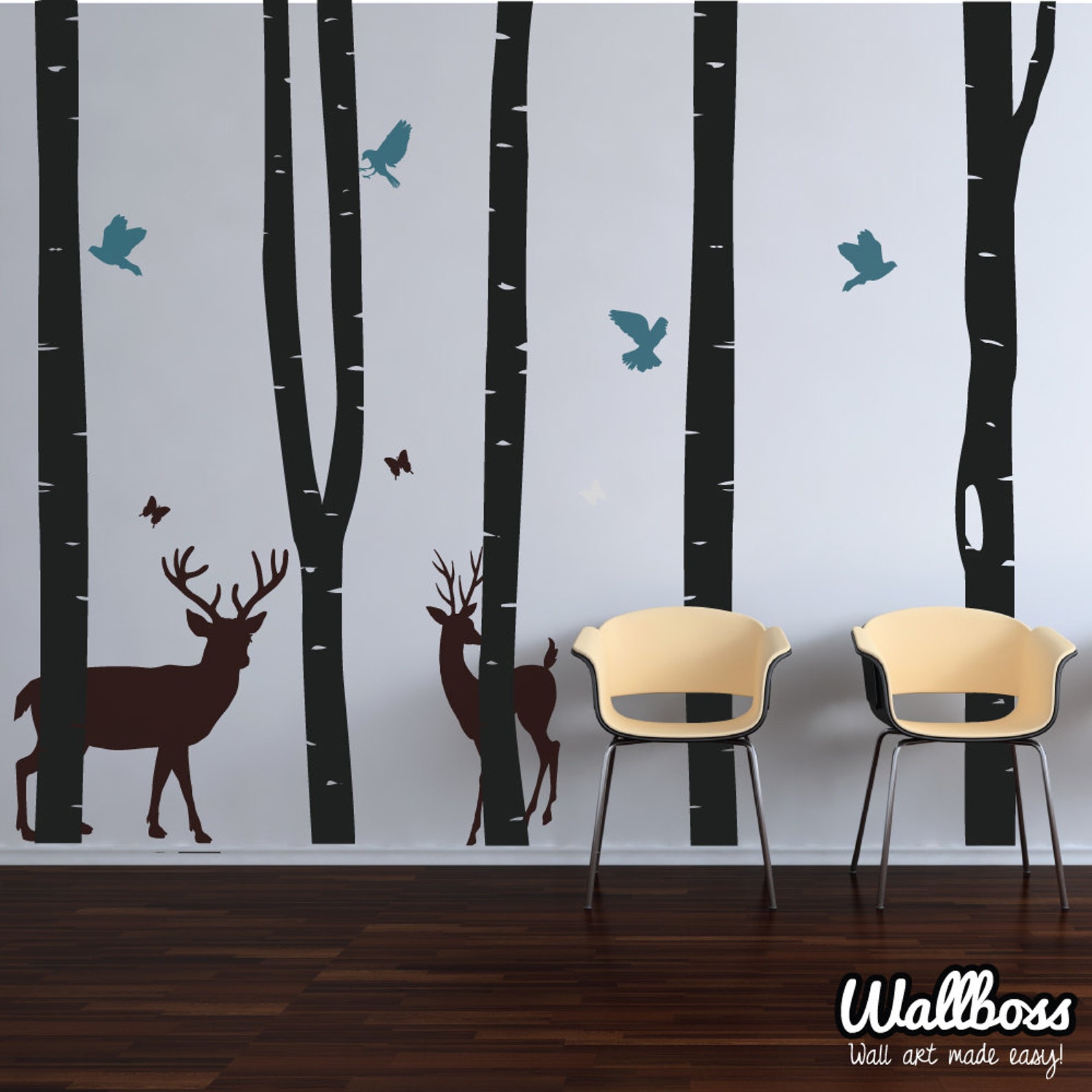 Birch Tree Forest With Deer / Stag Birds and Butterflies Wall - Etsy