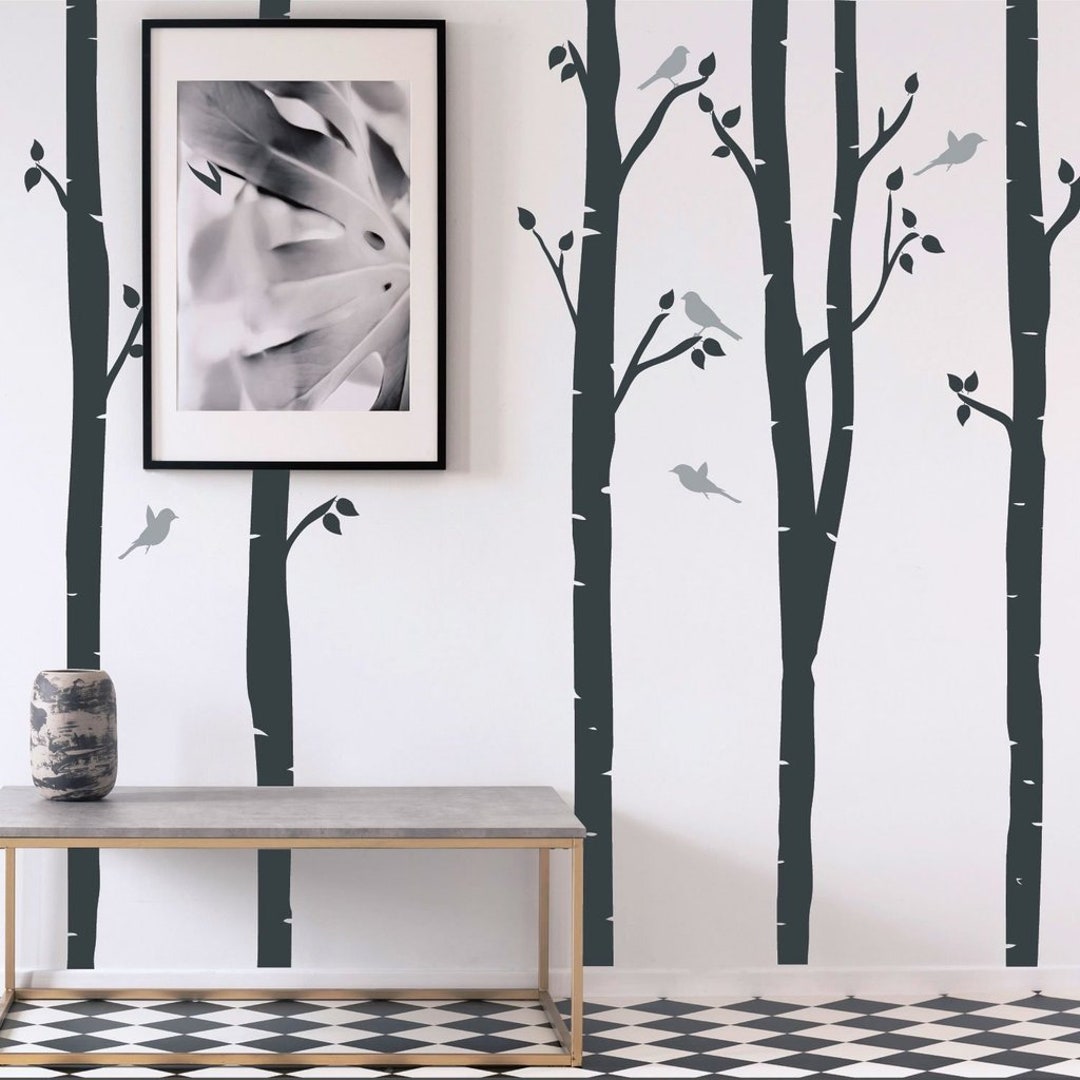 Birch Trees Decal With Birds, Trees Vinyl Stickers, Nature Wall Vinyl ...