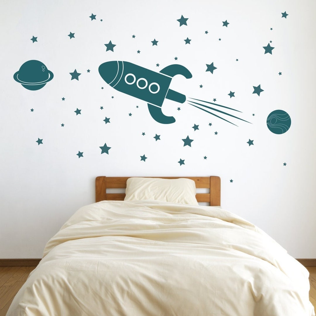 Large Rocket Ship Wall Stickers - Spaceship Planets Kids - Nursery Wall ...