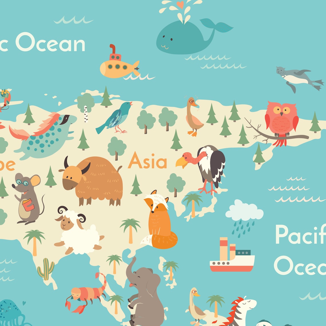 Removable Kids World Map With Animals, Countries of the World, Peel and ...