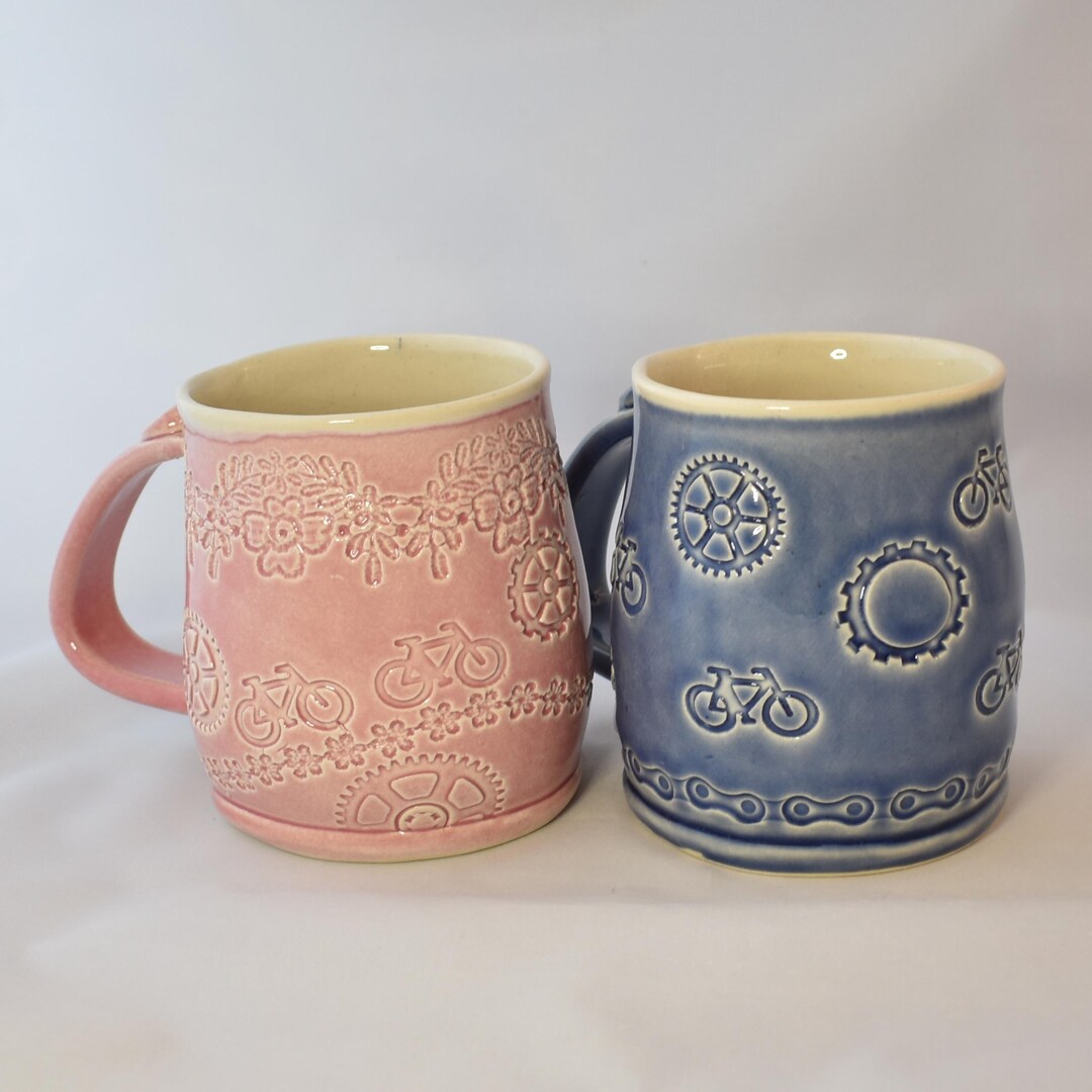 Hand Built Bike Mug: Stoneware Cyclist Gift, Pink or Blue - Etsy