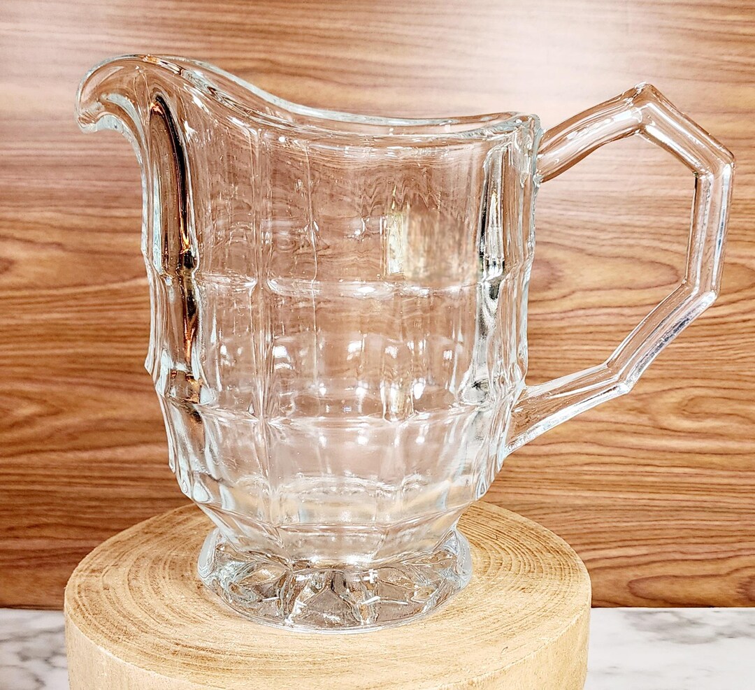Vintage Cut Glass Clear Pitcher, Geometric Handle - Etsy
