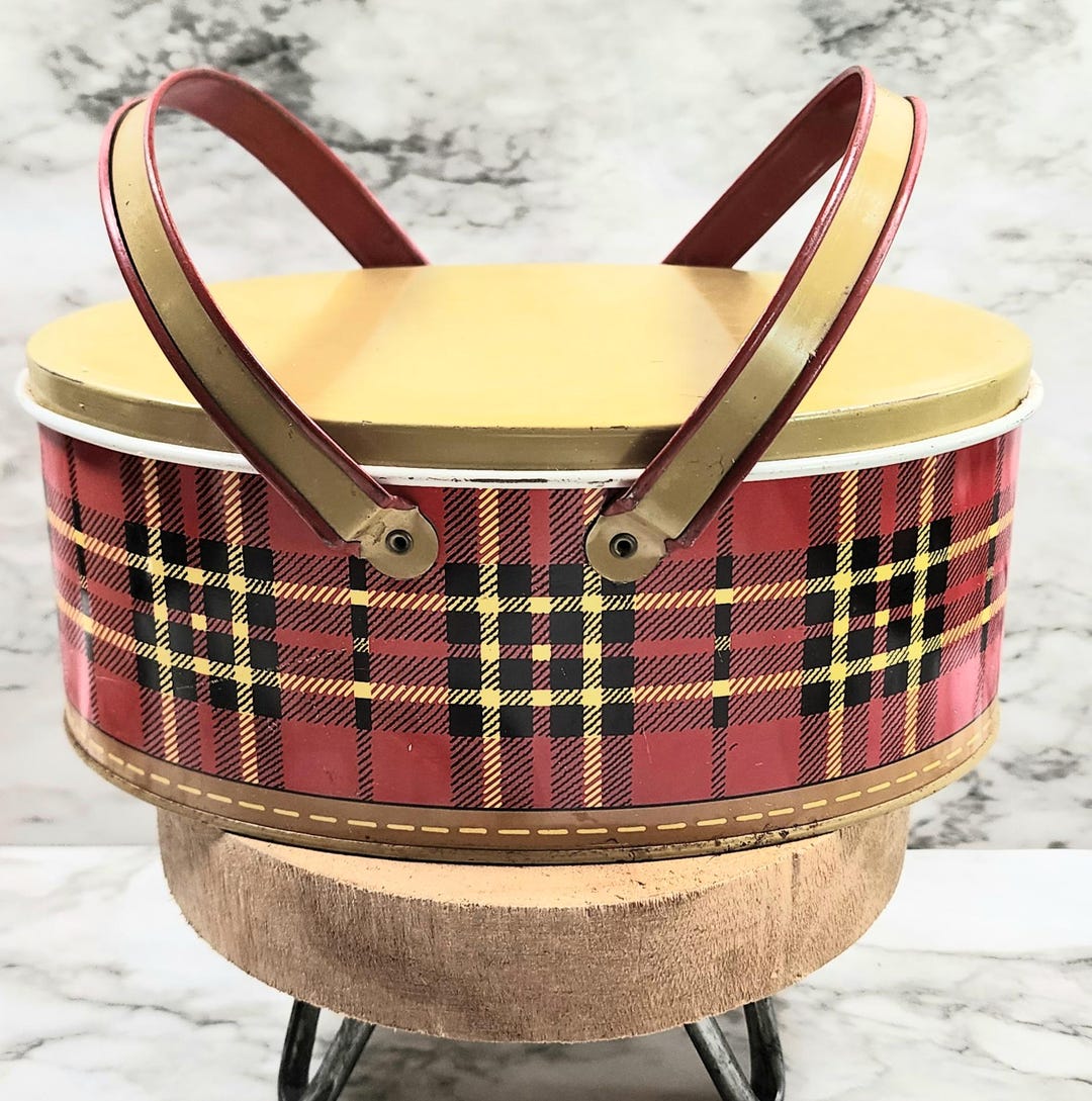 Vintage Oval Ohio Art Tin With Handles Red Black & Yellow Tartan Plaid ...