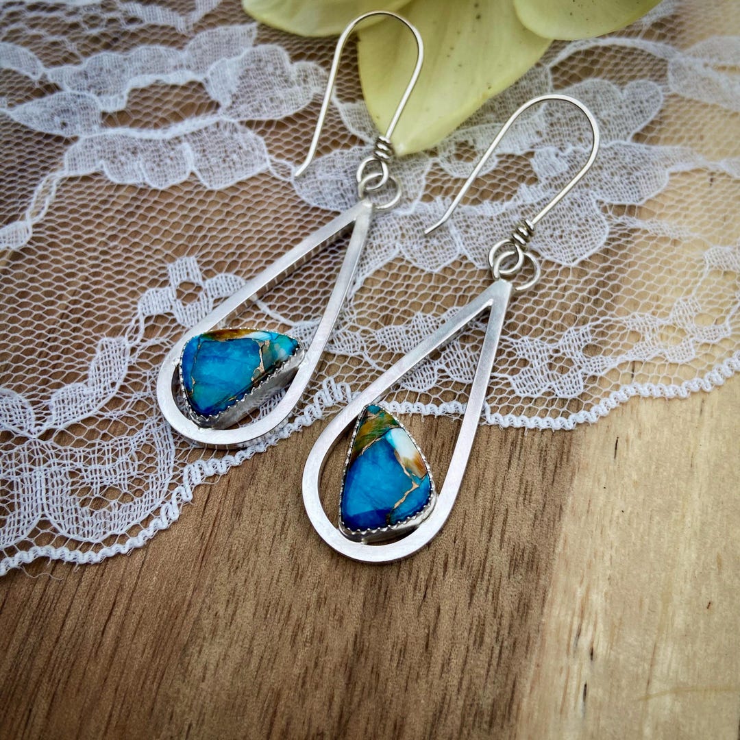 Long Tear Drop Shaped Dangle/ Drop Earrins With Kingman Blue Tide ...