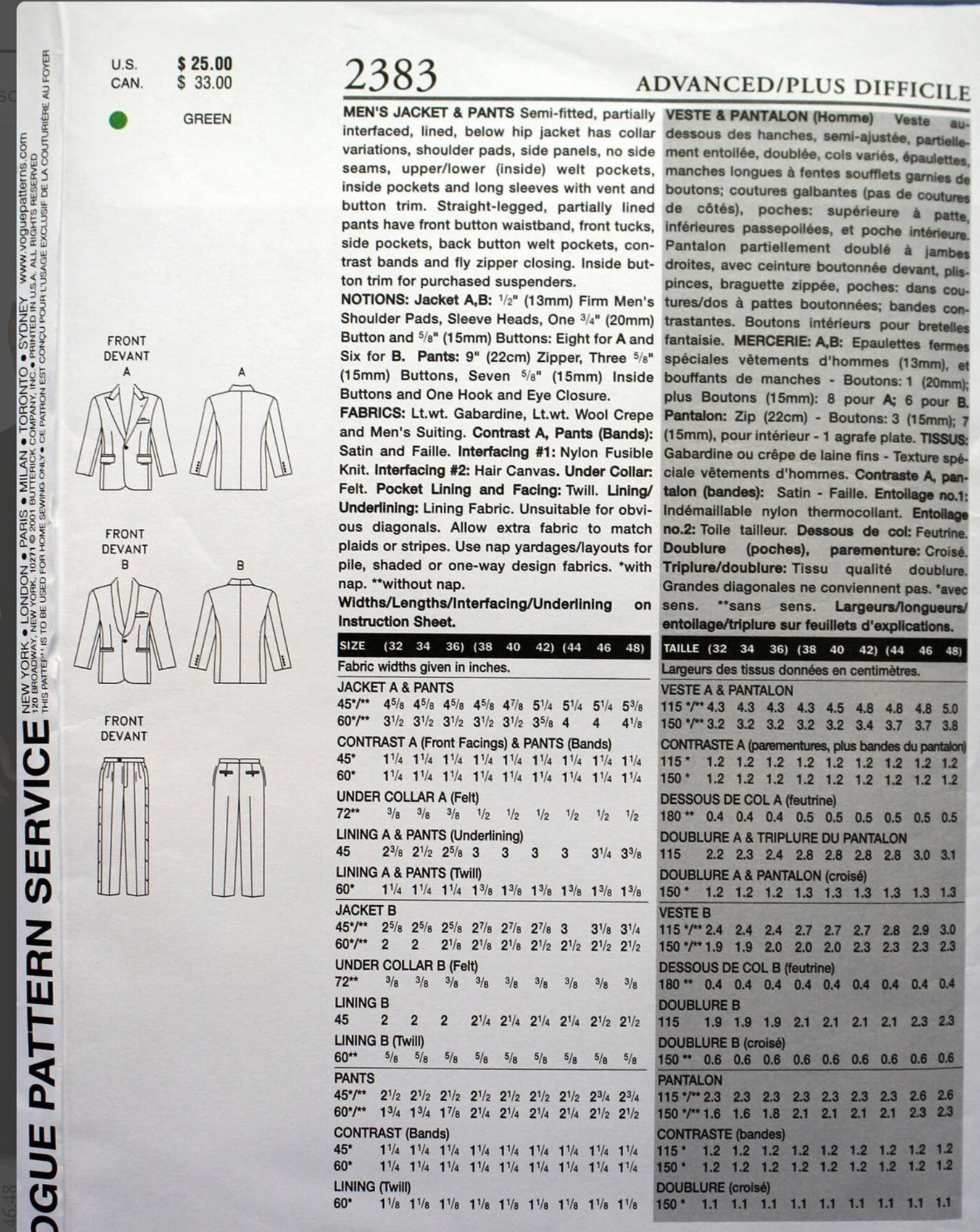 Vogue 2383 Sewing Pattern - Men's Tuxedo Jacket & Pants - Men's Formal ...