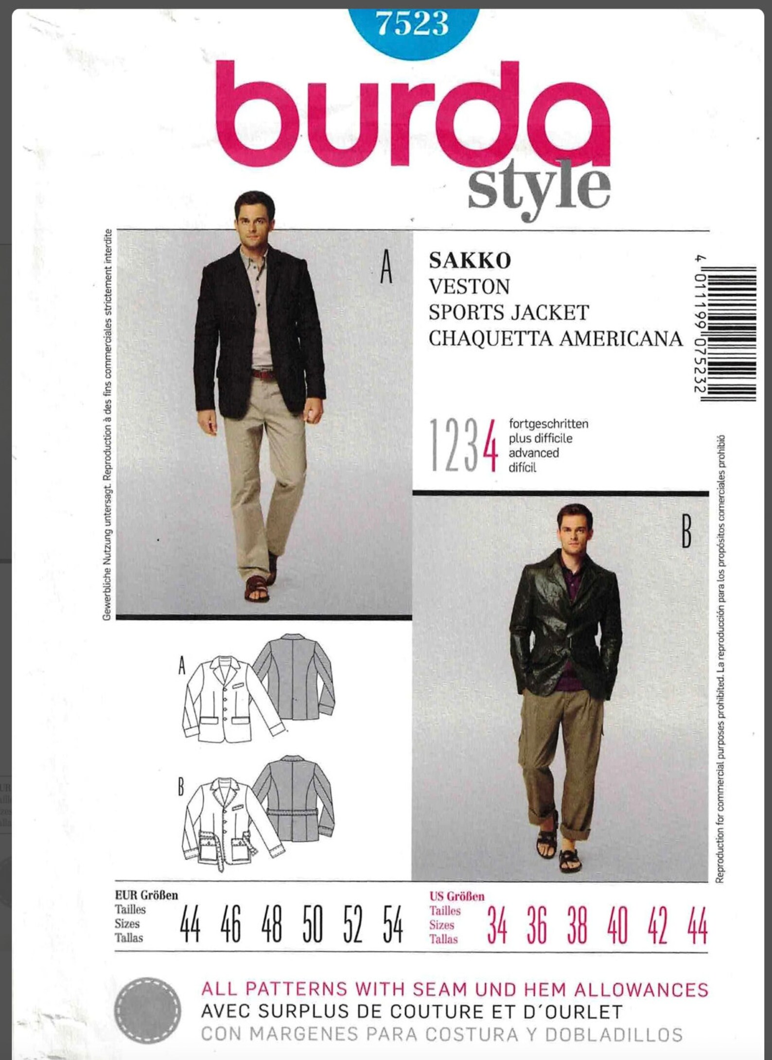 Burda 7523 Jacket Pattern for Men Sizes 34 36 38 40 42 44 Uncut - Etsy