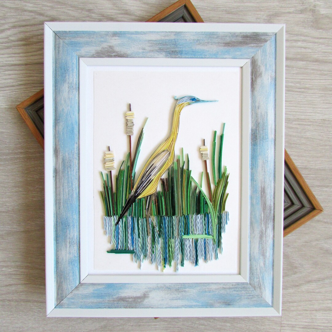 Framed Paper Quilling Blue Heron Lake House Decor, Above Bed Living ...