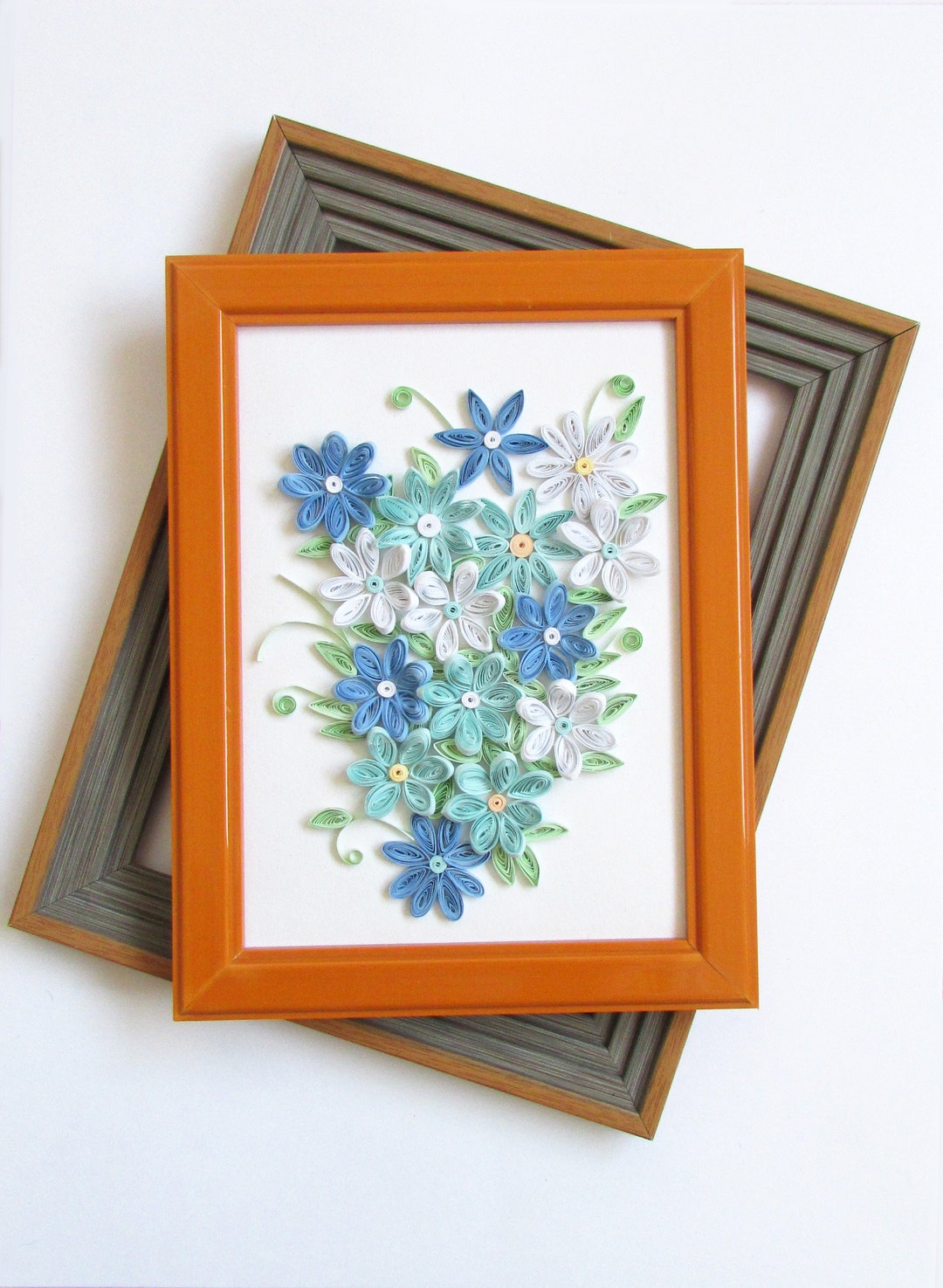 3D Filigree Quilling Art Blue Flowers Wedding Bouquet Cottage Core ...