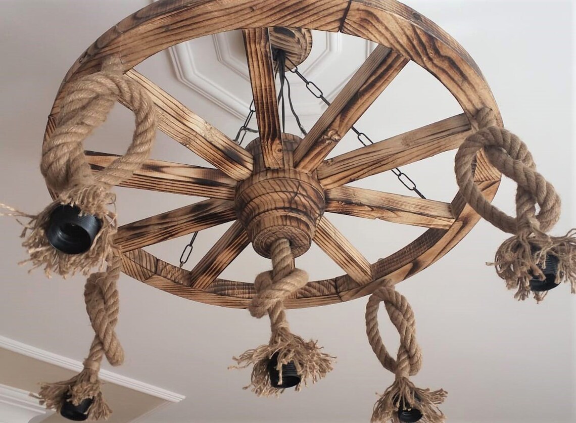Wooden Rope Wheel Chandelier 70 Cm. 5some,rustic Rope Chandelier ...