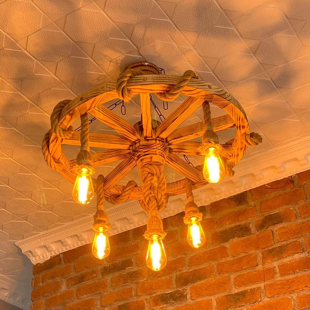 Wooden Rope Wheel Chandelier 70 Cm. 5some,rustic Rope Chandelier ...