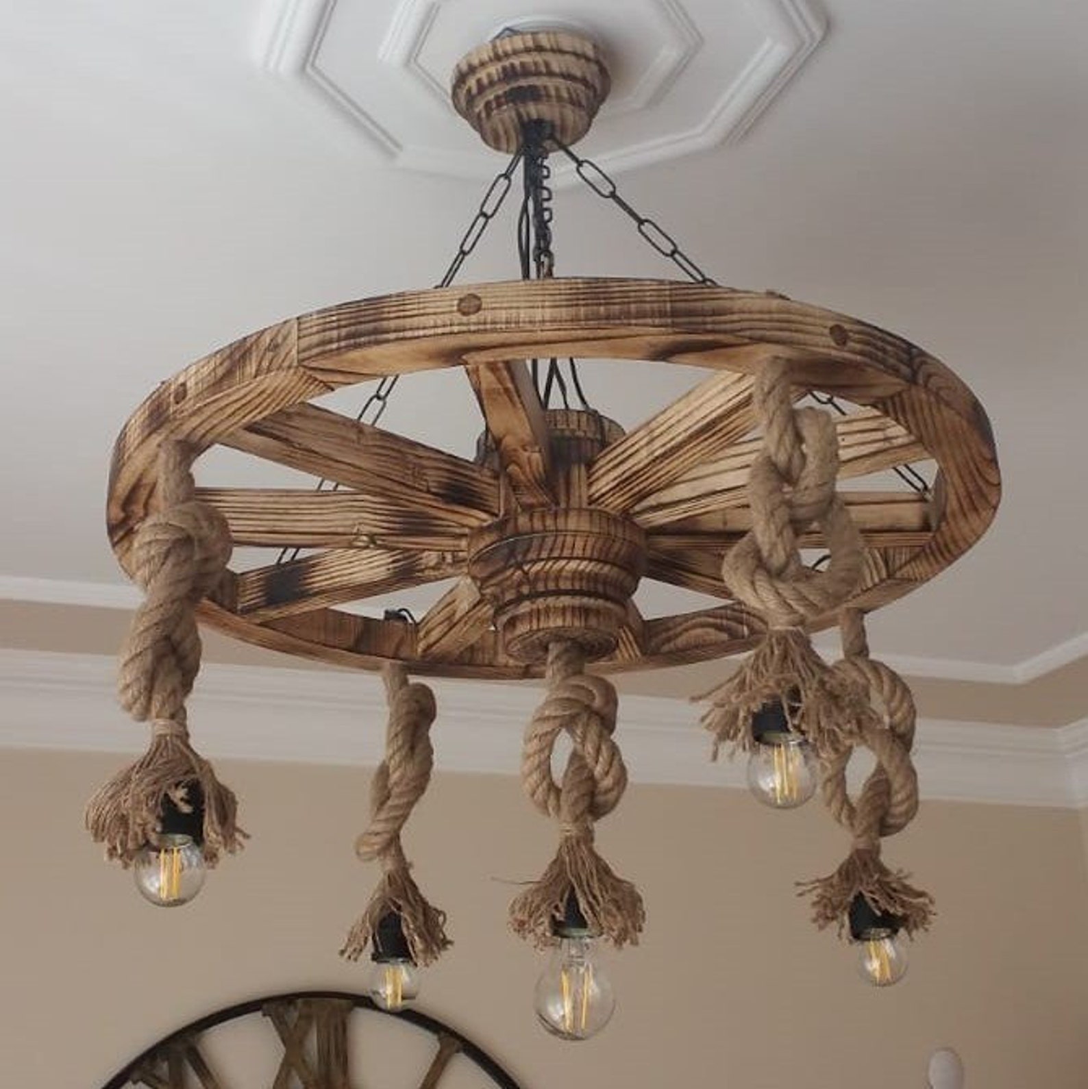 Wooden Rope Wheel Chandelier 70 Cm. 5some,rustic Rope Chandelier ...