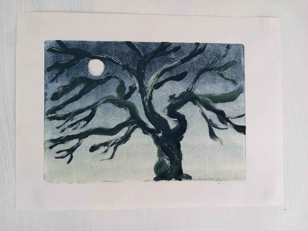 Monoprint "the Moon and the Oak Tree" Handprinted Original Contemporary ...