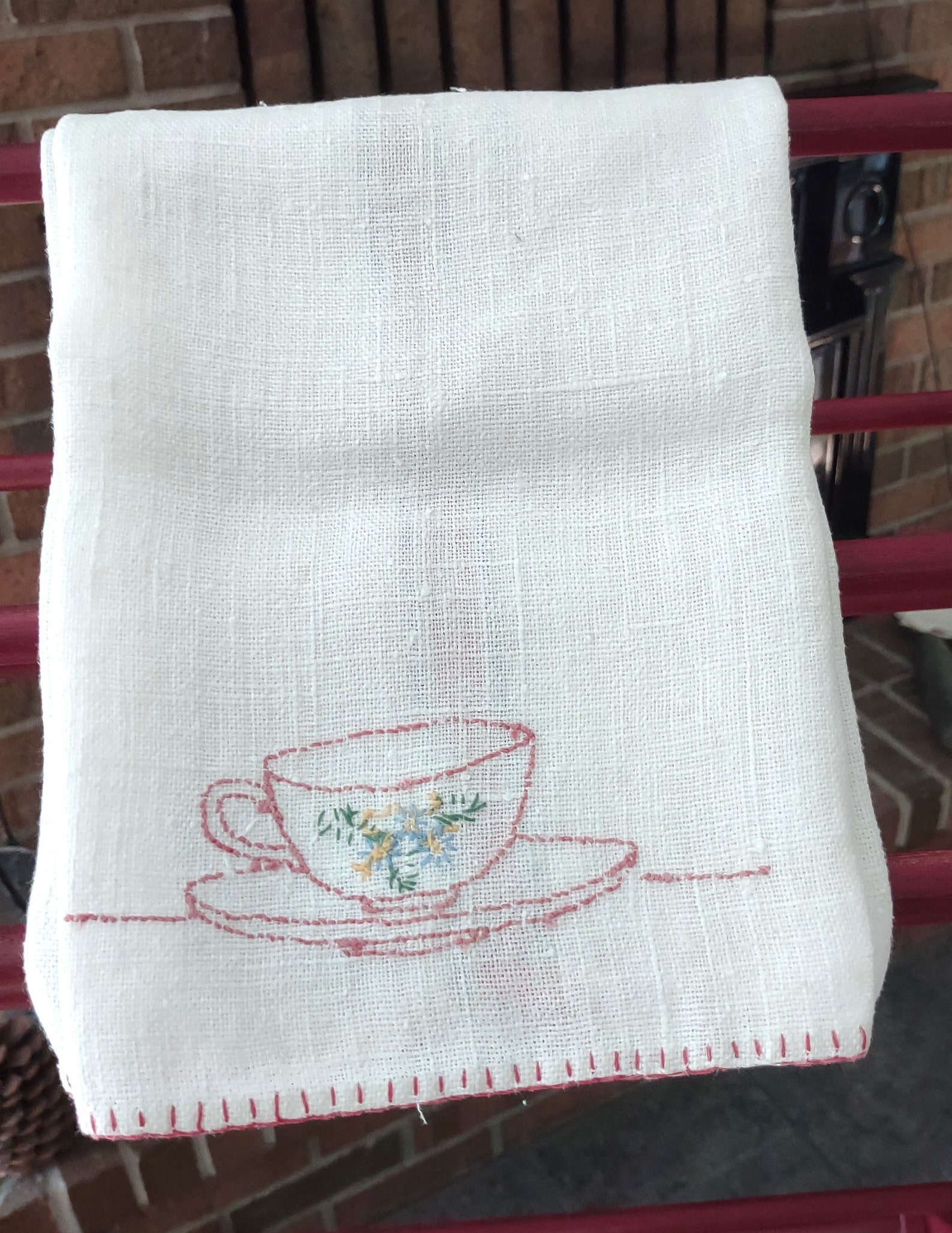 Hand Embroidered Linen Tea Towel Tea Cup Striped Edge - Etsy
