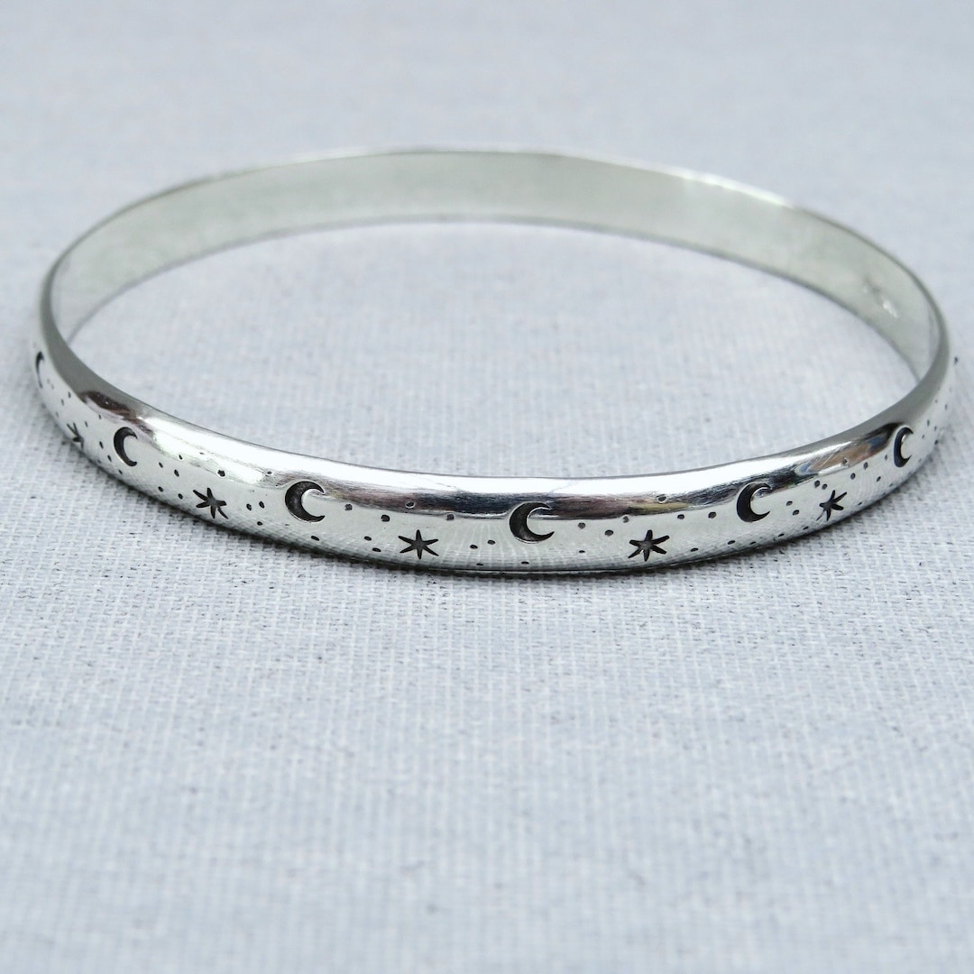 Handmade Sterling Silver Star and Moon Bangle. Celestial Hand Stamped ...