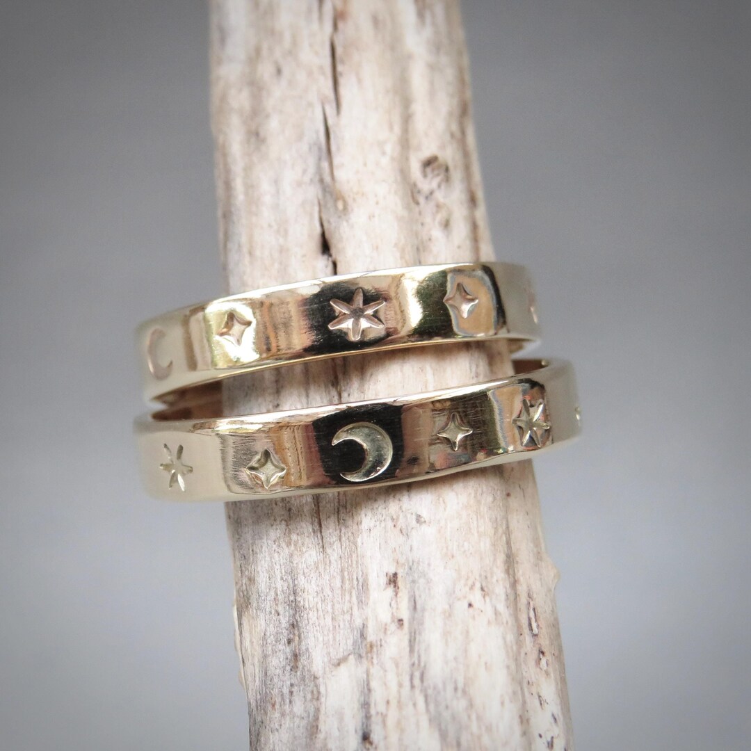 Wedding Rings 9ct Gold Star and Moon , Celestial Wedding Bands, Gold ...