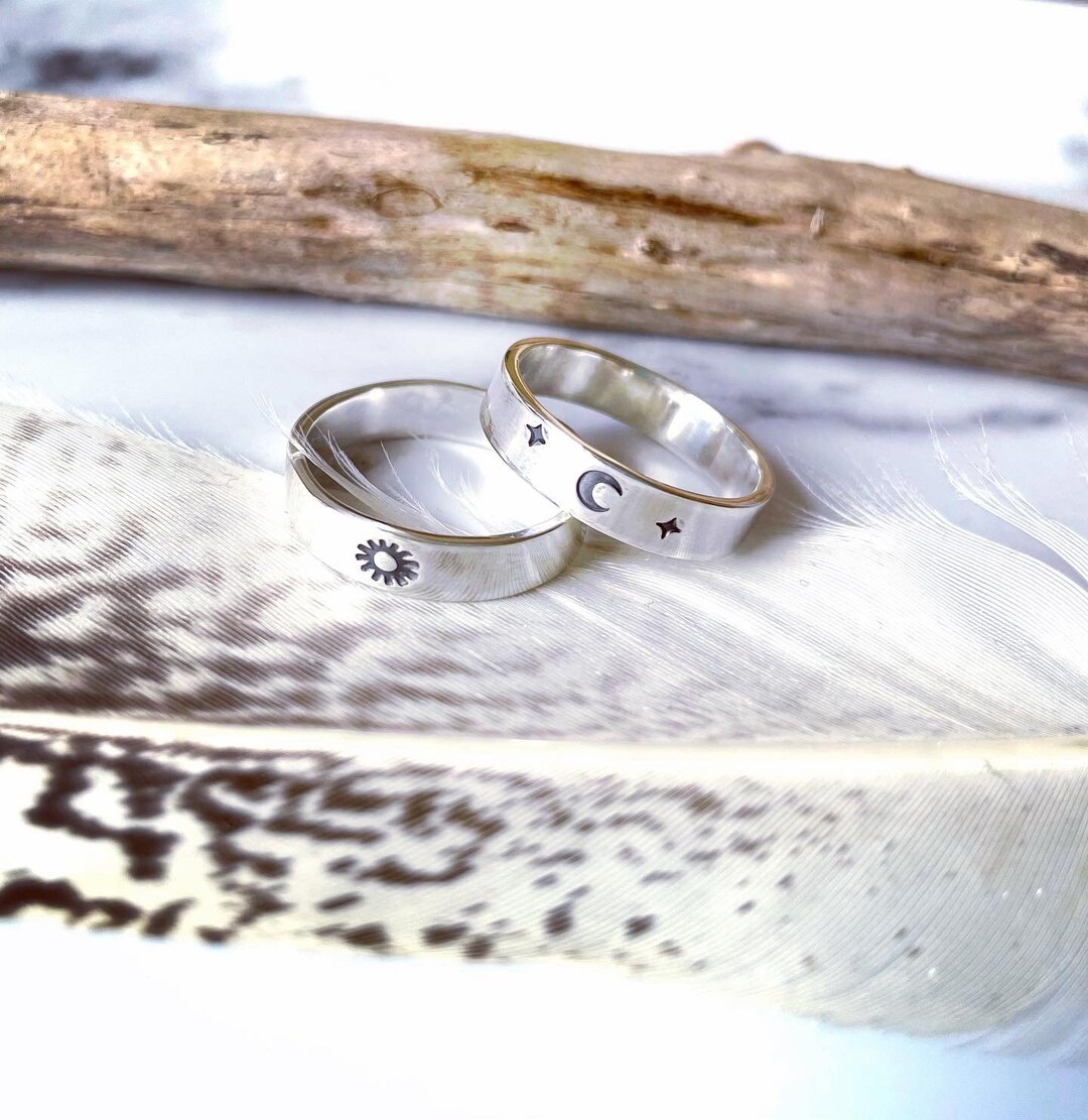 Celestial Wedding Rings Sun and Moon. Cosmic Moon Sun & Star Silver ...