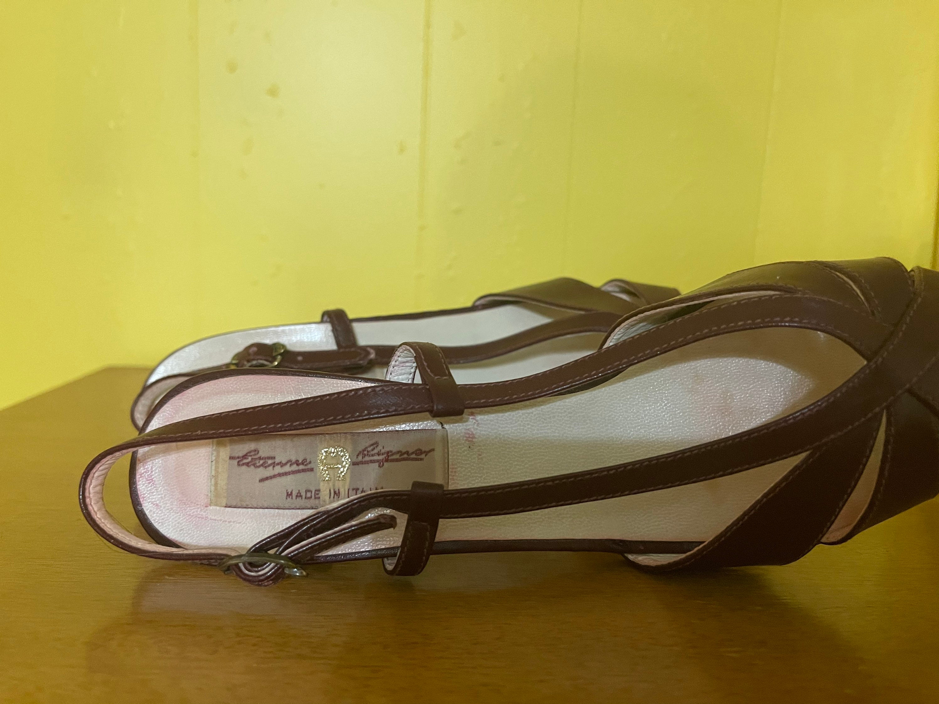 1970’s Vintage Etienne Aigner Brown Strappy Heels/1970’s Aigner Brown ...