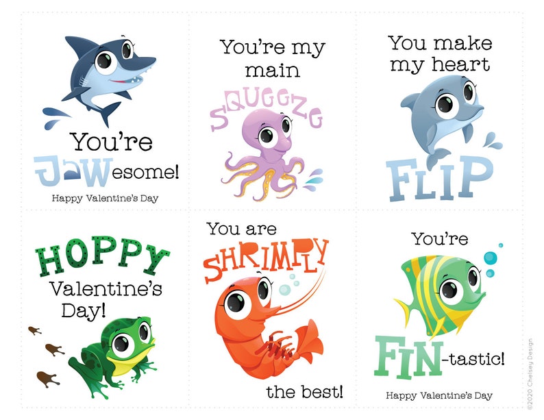 Cute Sea Animals Valentines - Printable Valentines - Kids Valentines ...