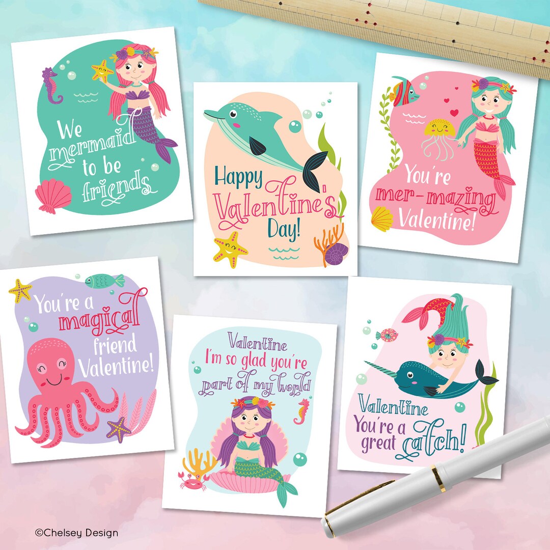 Mermaid Valentine Cards - Kids Printable Valentines - Ocean - Under the ...