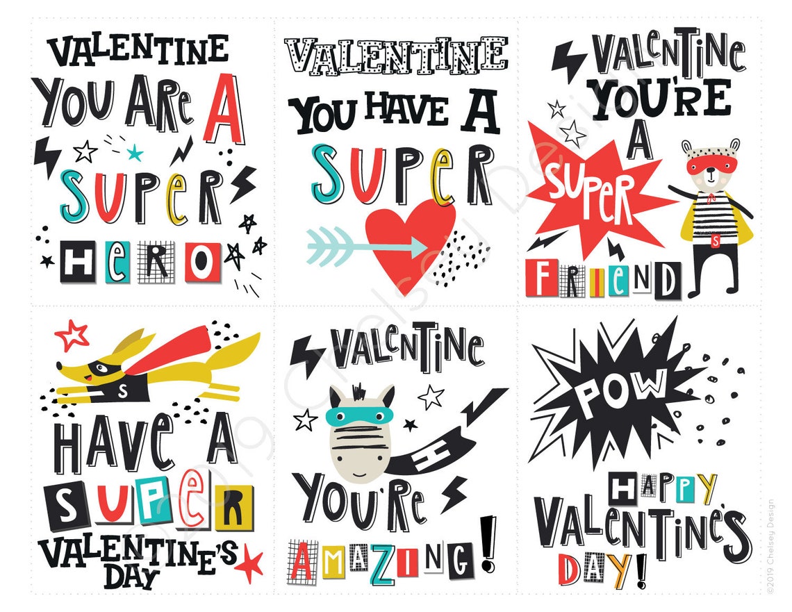 Super Hero Valentines - Cute Super Hero - Printable Valentines - Super ...