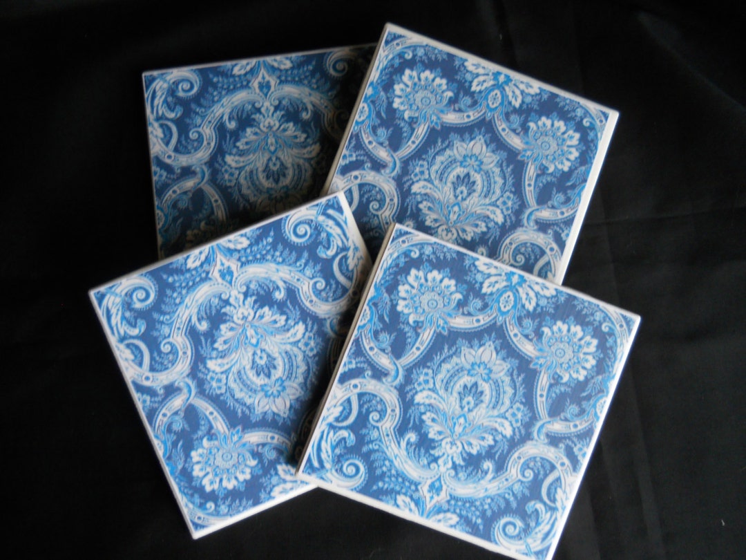 Cobalt Blue Coasters Ceramic Tile Coasters Blue Damask - Etsy