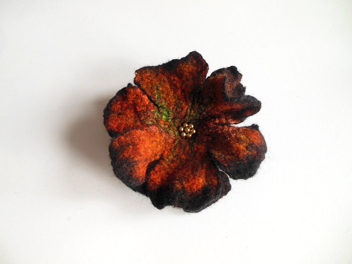 Felted Brooch Flower Brooch Hand Felted Brooch, Black Orange OOAK ...