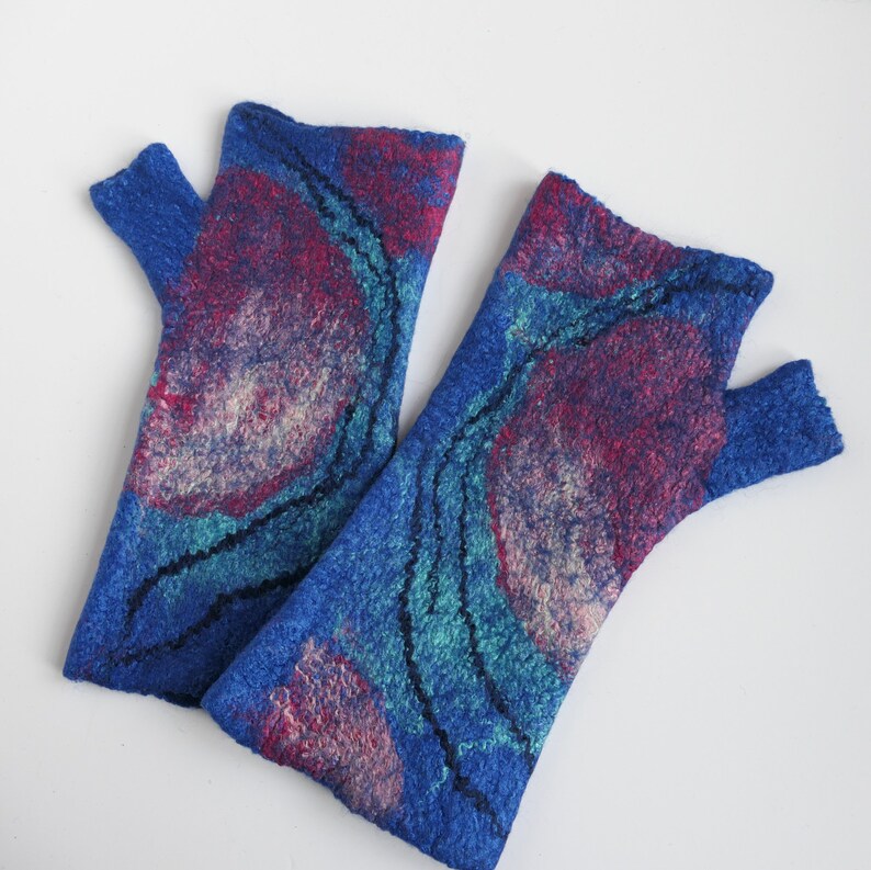 Blue Wool Felt Fingerless Mittens for Women, Wool Arm Warmers, Warm ...