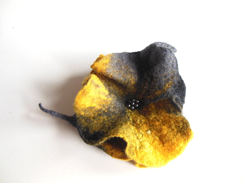 Felted Brooch Flower Brooch Hand Felted Brooch Yellow, Black Gray OOAK ...