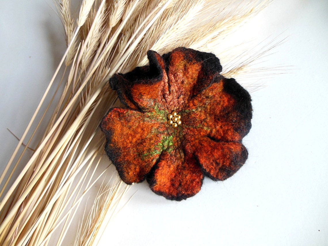 Felted Brooch Flower Brooch Hand Felted Brooch, Black Orange OOAK ...