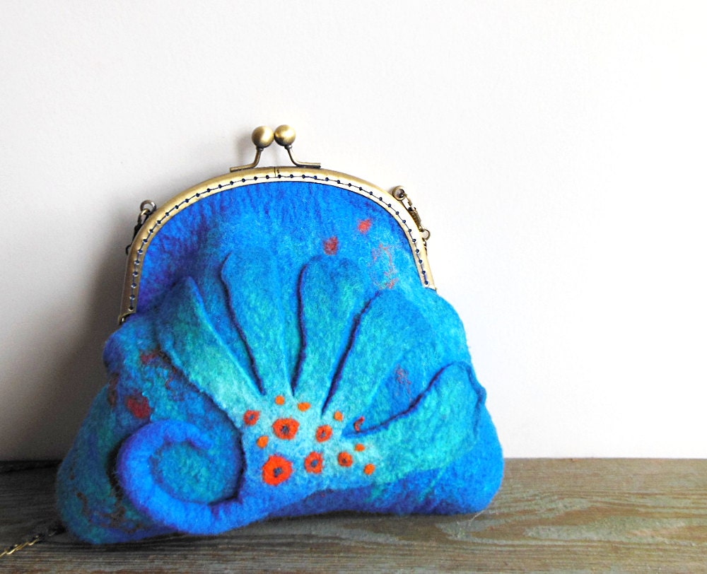 Felted Bag Hand Felted Bag Blue Purse Pouch Metal Frame Purse, Wool ...