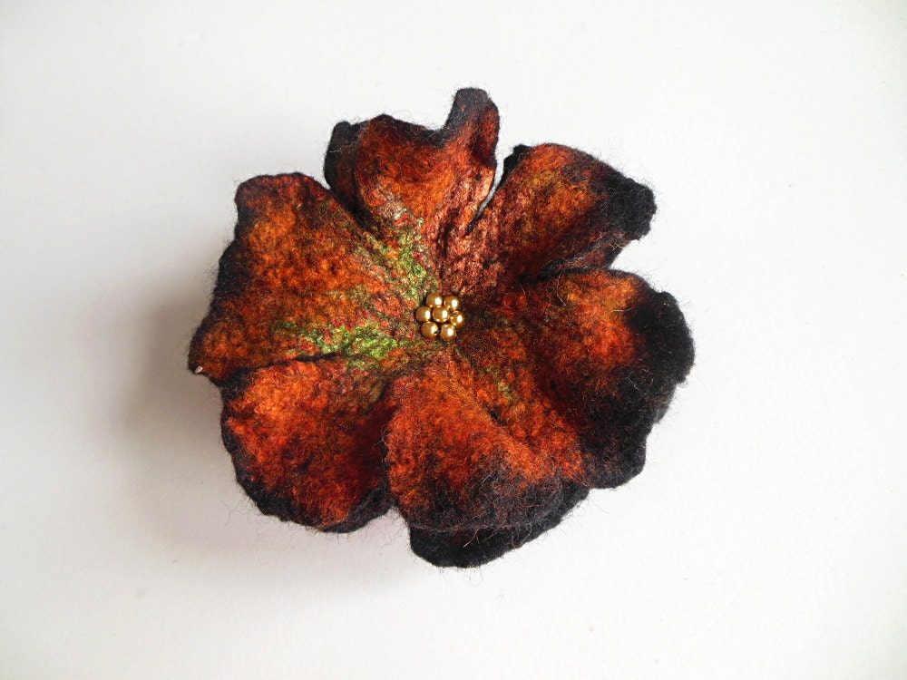 Felted Brooch Flower Brooch Hand Felted Brooch, Black Orange OOAK ...