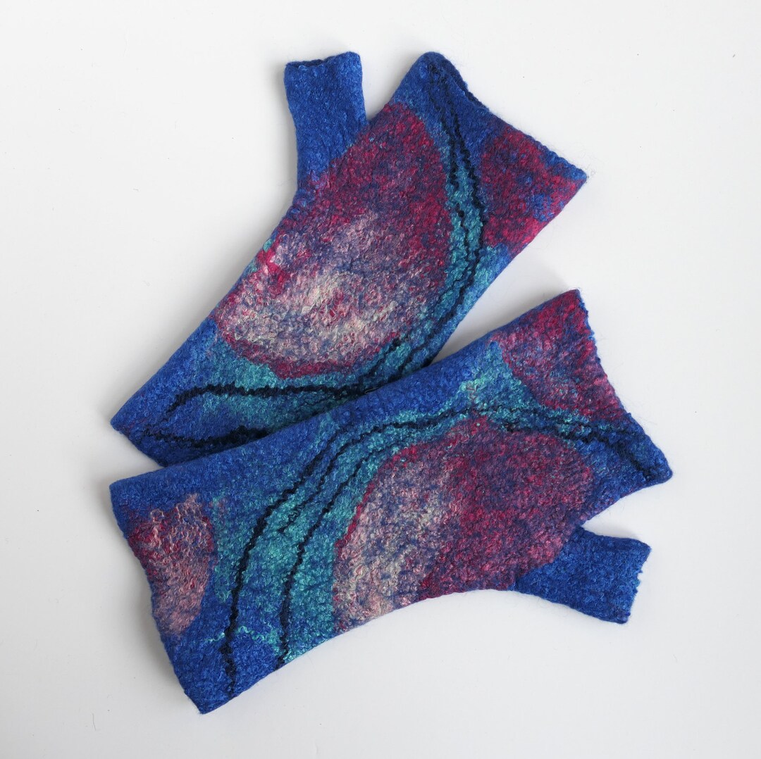 Blue Wool Felt Fingerless Mittens for Women, Wool Arm Warmers, Warm ...