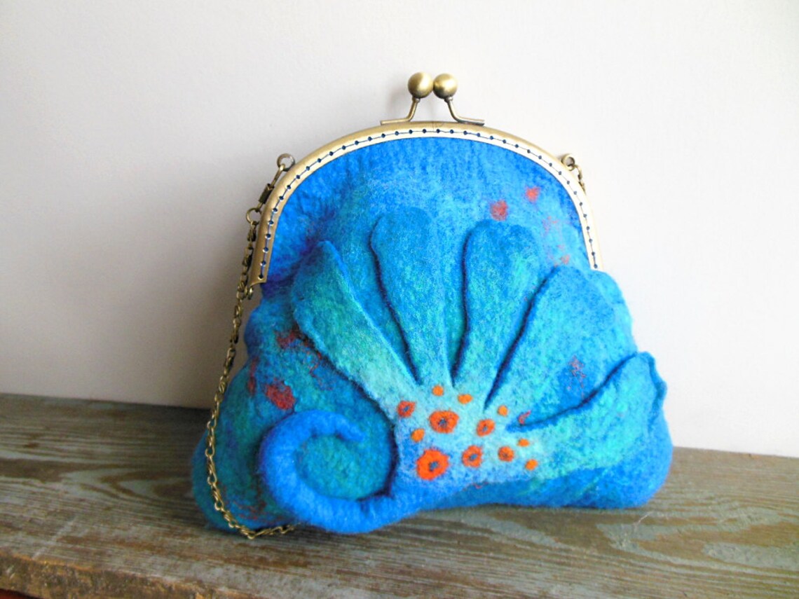 Felted Bag Hand Felted Bag Blue Purse Pouch Metal Frame Purse, Wool ...