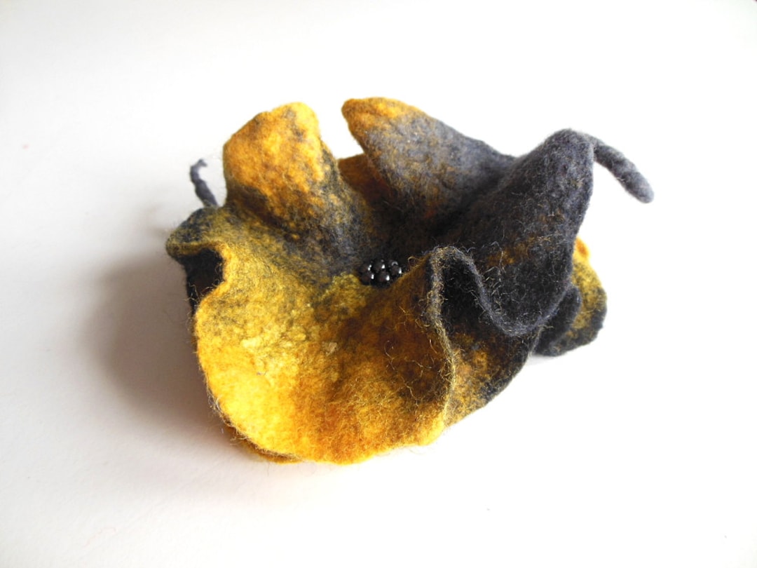 Felted Brooch Flower Brooch Hand Felted Brooch Yellow, Black Gray OOAK ...