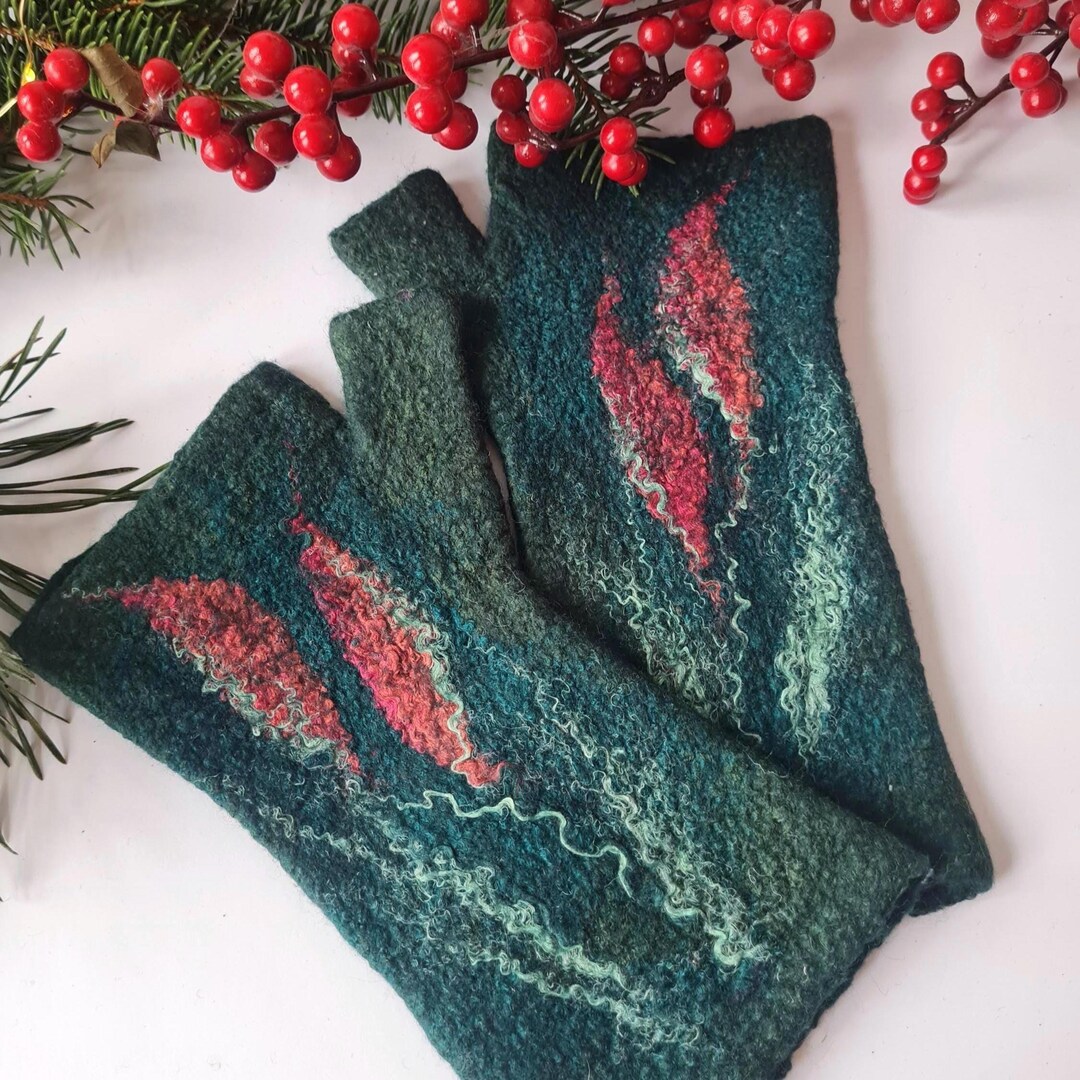 Handmade Felted Wool Fingerless Mittens With Viscose Embellishment ...