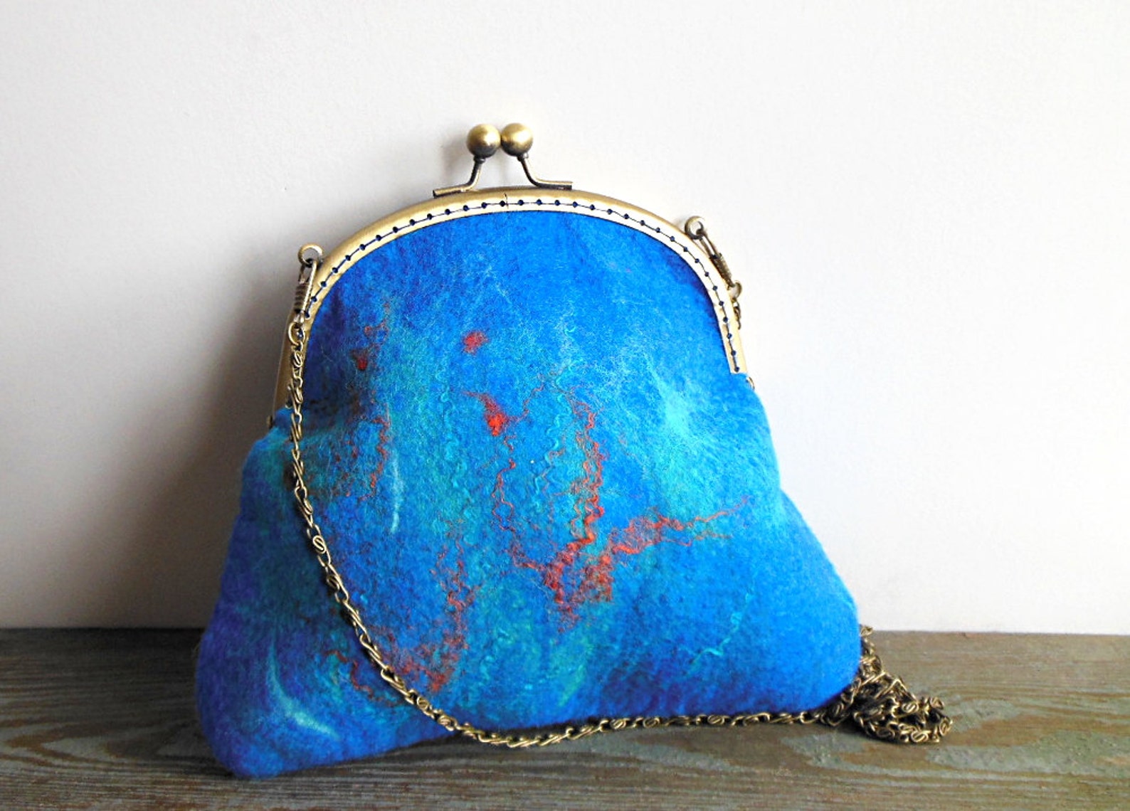 Felted Bag Hand Felted Bag Blue Purse Pouch Metal Frame Purse, Wool ...