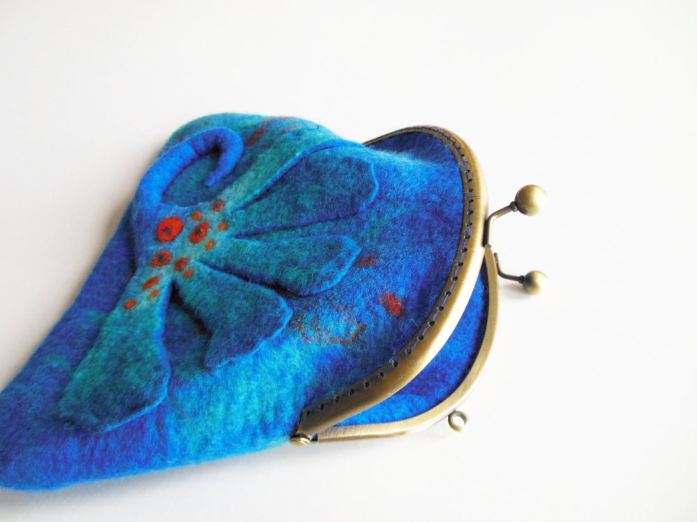 Felted Bag Hand Felted Bag Blue Purse Pouch Metal Frame Purse, Wool ...