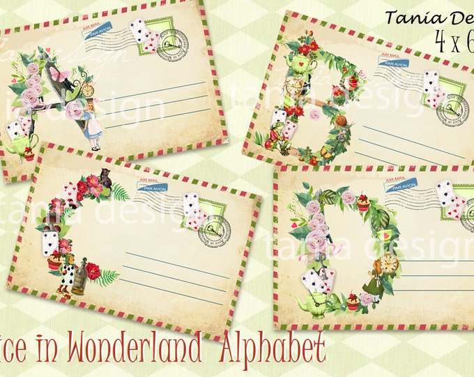 Alice in Wonderland Alphabet digital Collage Sheet 4 X 6 Inch set of 4 ...
