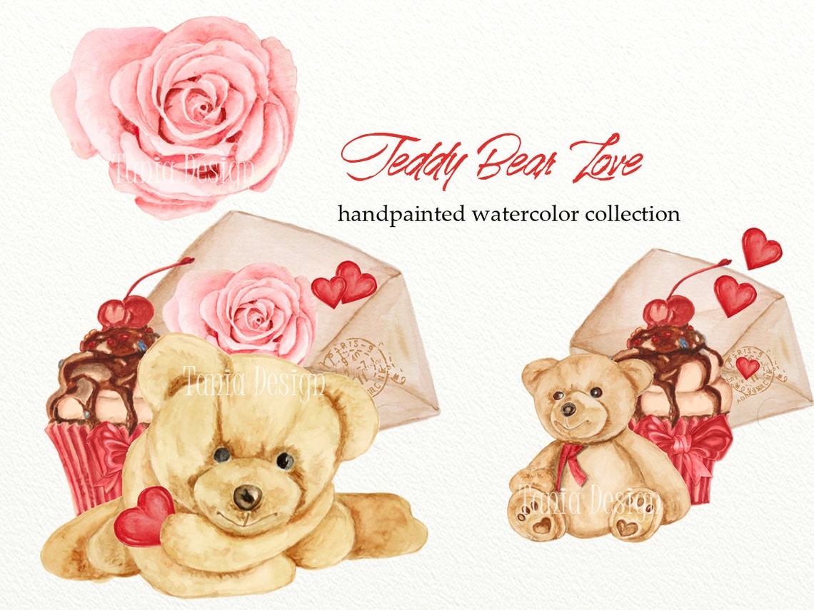 Teddy Bear Love Watercolor Clipart Valentines Clipart Romantic | Etsy
